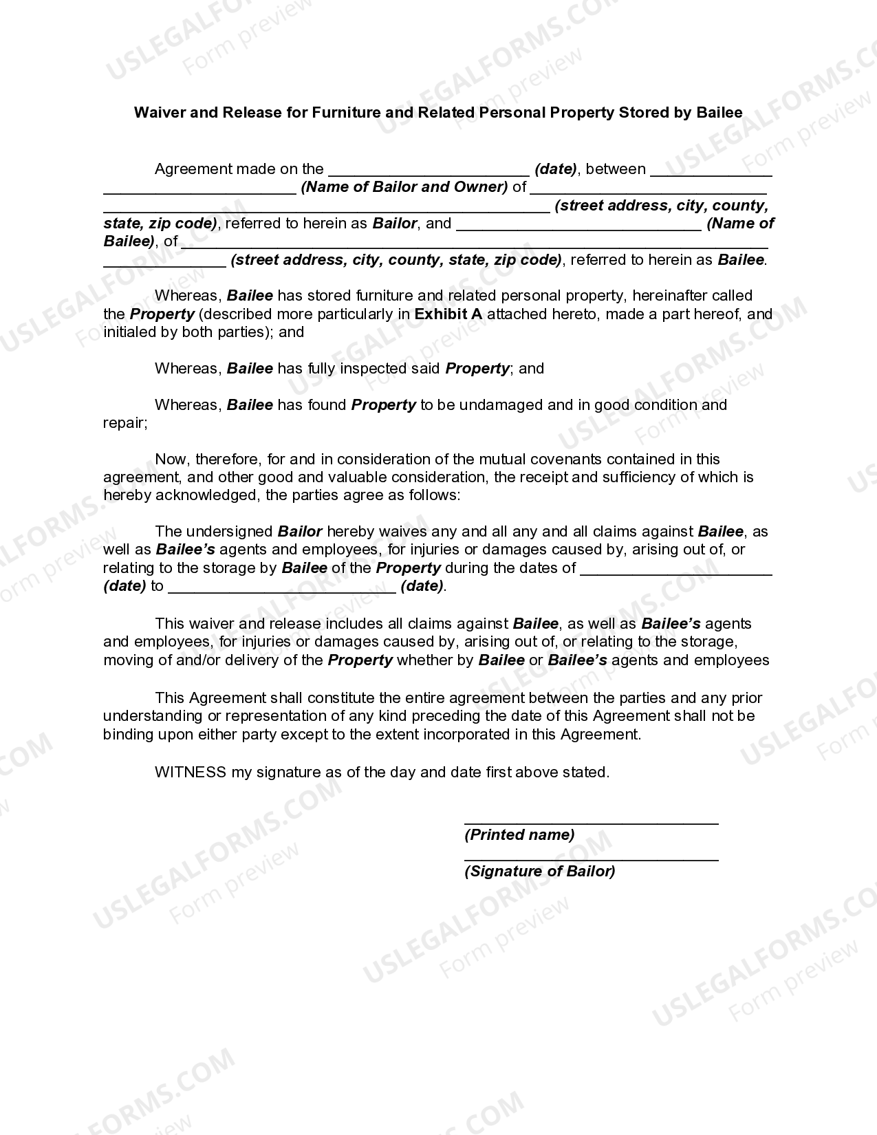 Texas Waiver and Release for Furniture and Related Personal Property ...