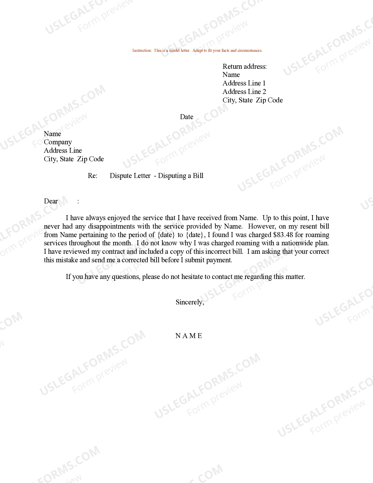 South Dakota Sample Letter for Disputed Bill - Disputed Bill | US Legal ...