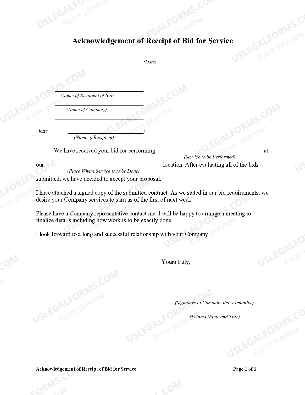 Acknowledgement of Receipt of Bid for Service - Acknowledgement Receipt ...