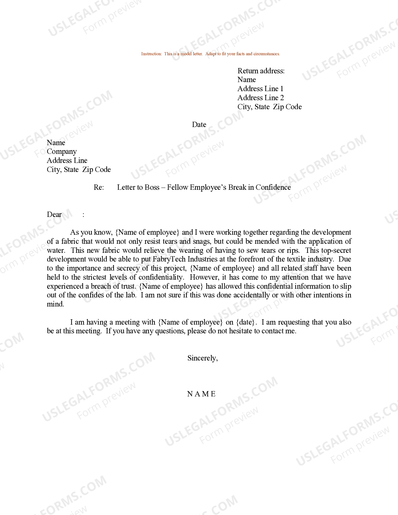 Utah Sample Letter for Fellow Employee's Break in Confidence - Employee ...