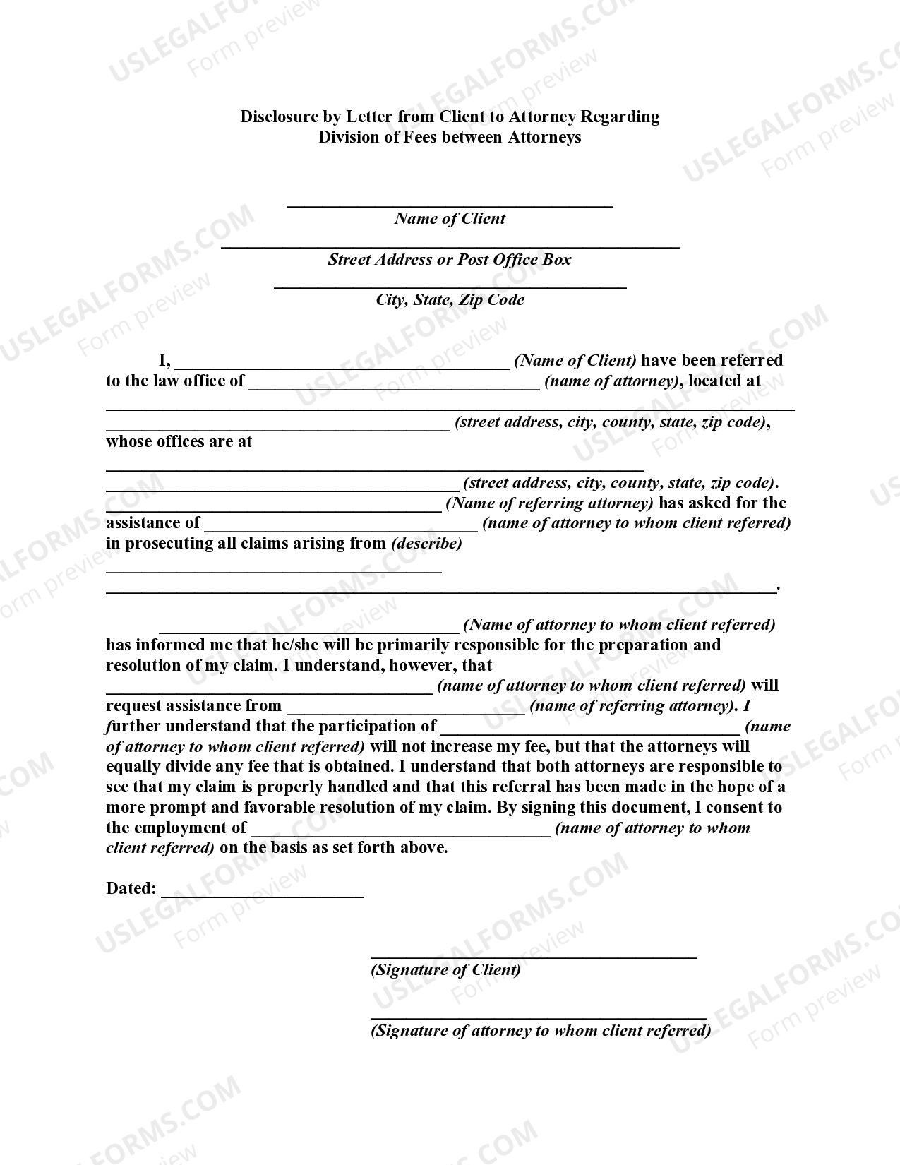 Disclosure by Letter from Client to Attorney Regarding Division of Fees ...