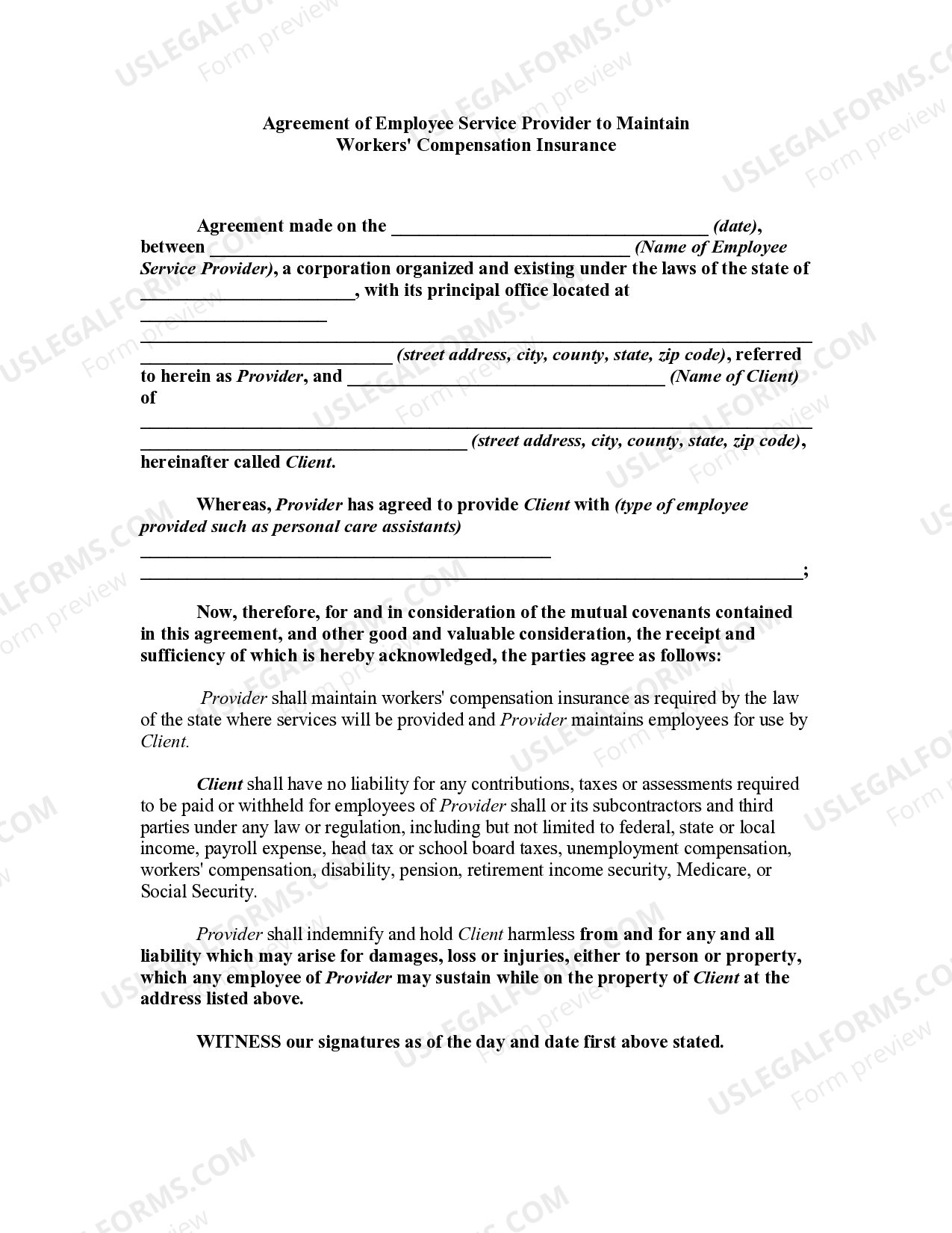 Kansas Agreement of Employee Service Provider to Maintain Workers ...