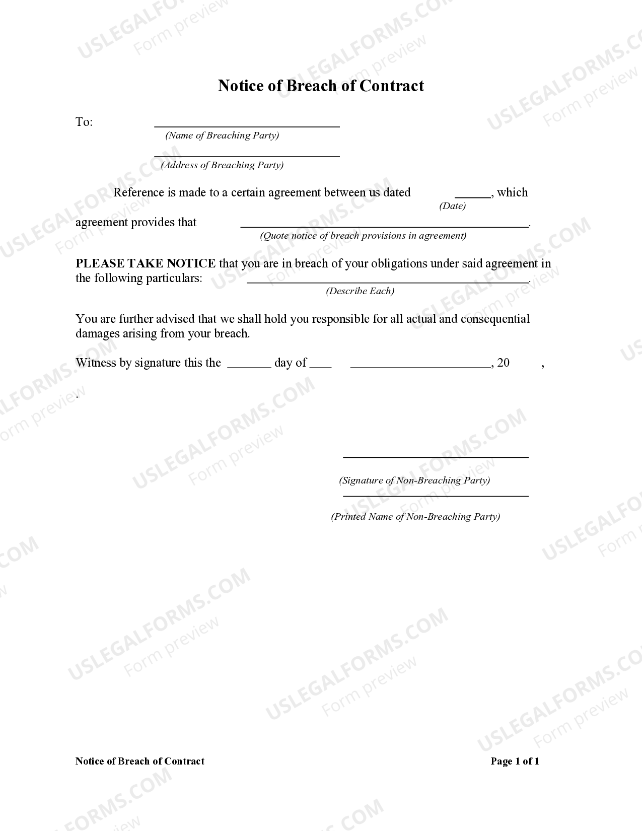 Notice of Breach of Contract - Notice Breach Form | US Legal Forms