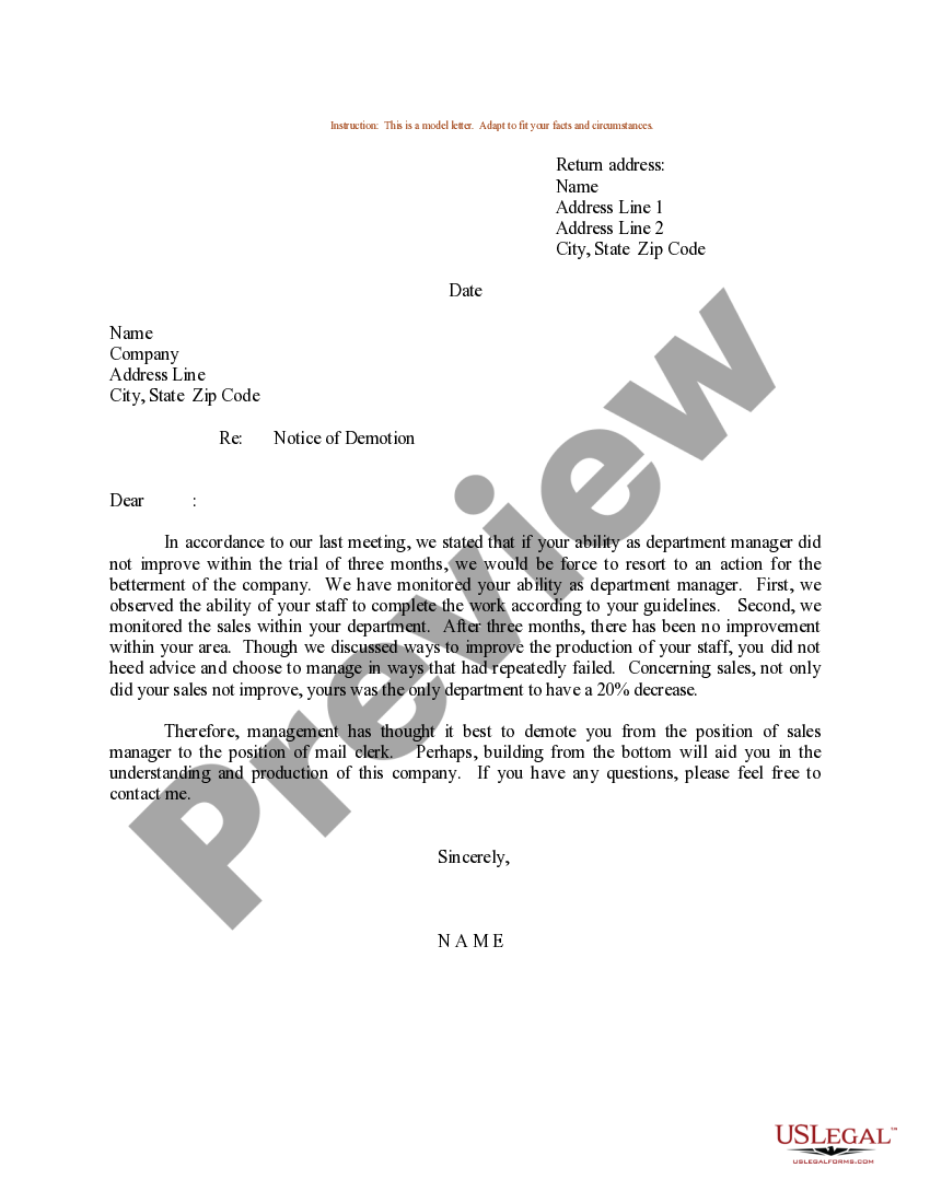 Sample Letter For Notice Of Demotion Demotion Letter US Legal Forms