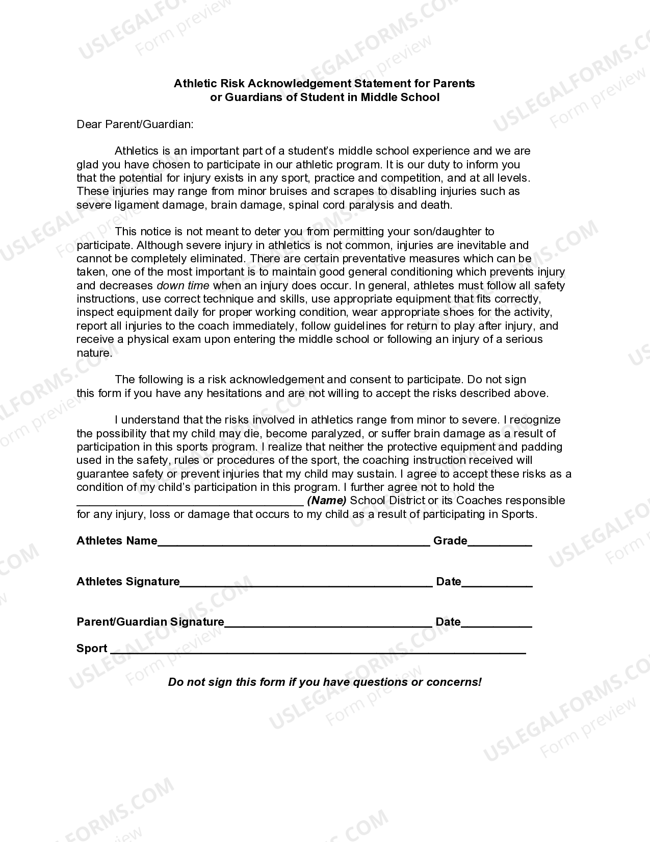 Georgia Athletic Risk Acknowledgement Statement for Parents or Guardians of Student in Middle ...
