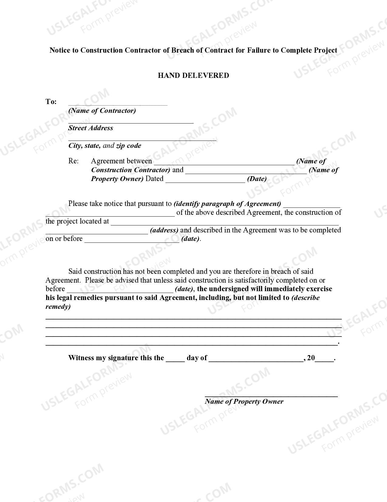 Notice to Construction Contractor of Breach of Contract for Failure to ...