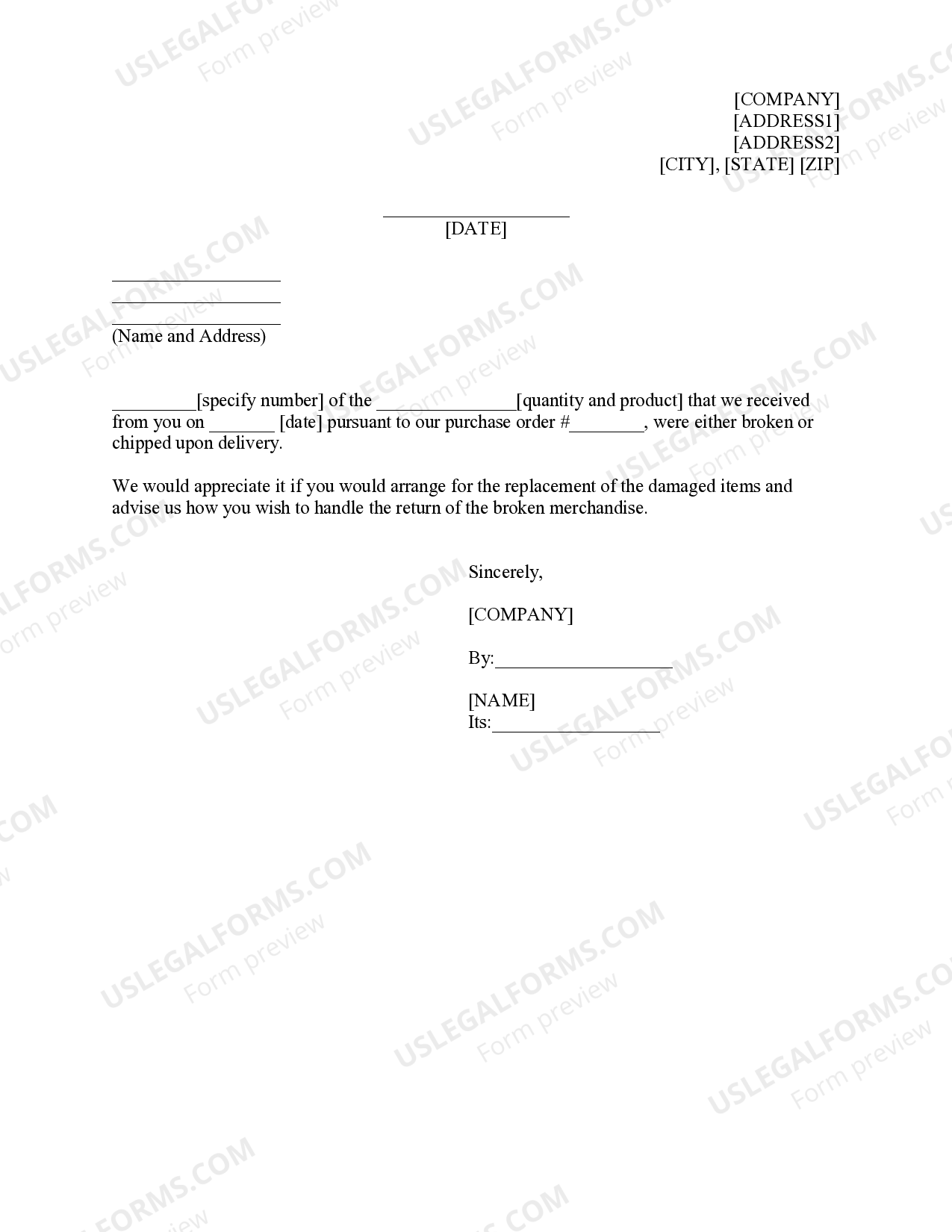 Request for Replacement of Damaged Merchandise | US Legal Forms