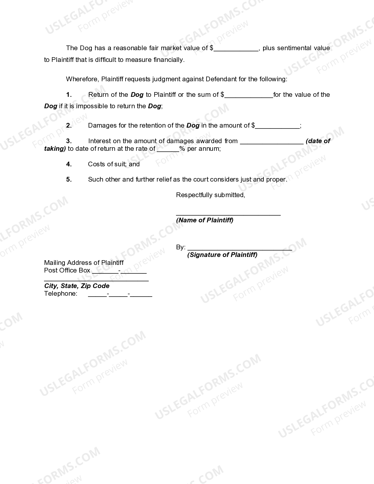 Complaint by Owner of Dog against Bailee for Damages for Failure to ...