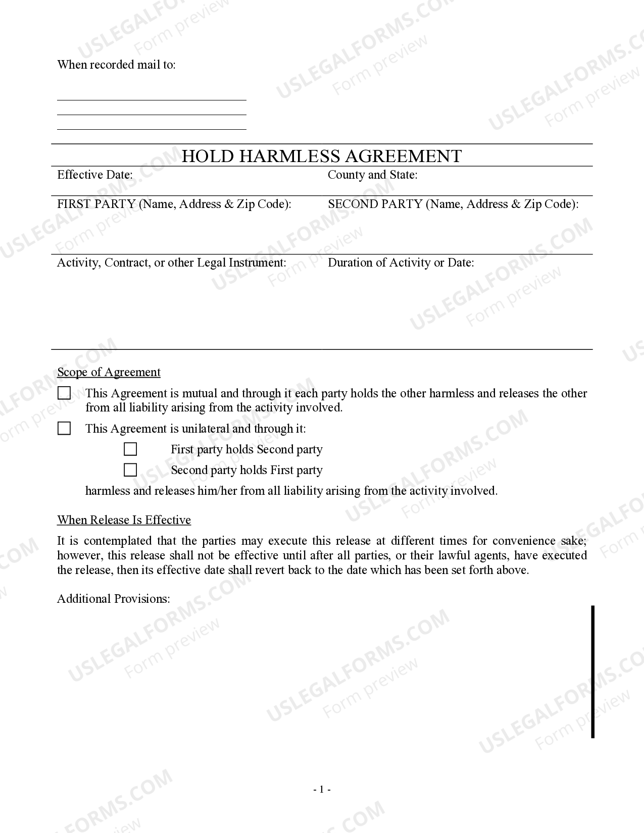 Hold Harmless Agreement for Hunting | US Legal Forms