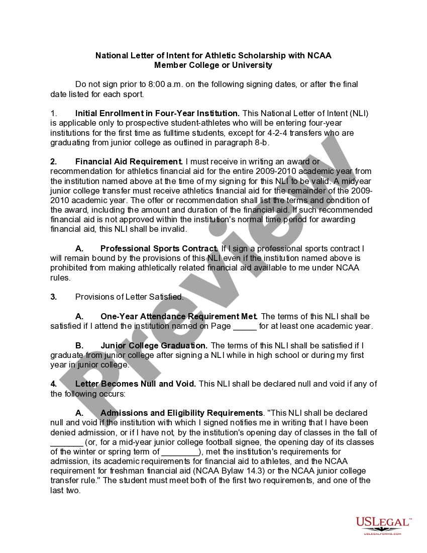 New Mexico National Letter Of Intent For Athletic Scholarship With NCAA Member College Or 