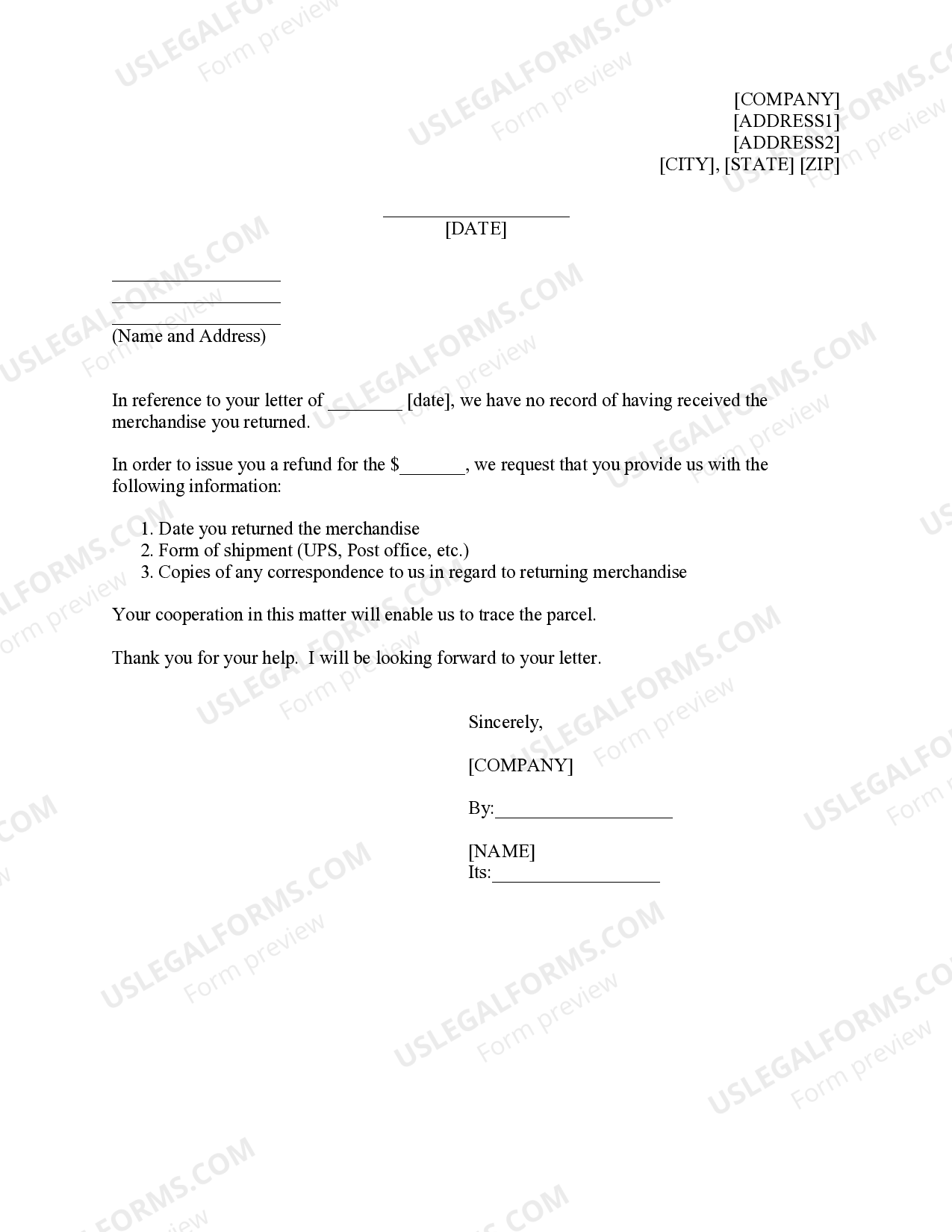 Request for Proof of Merchandise Return | US Legal Forms