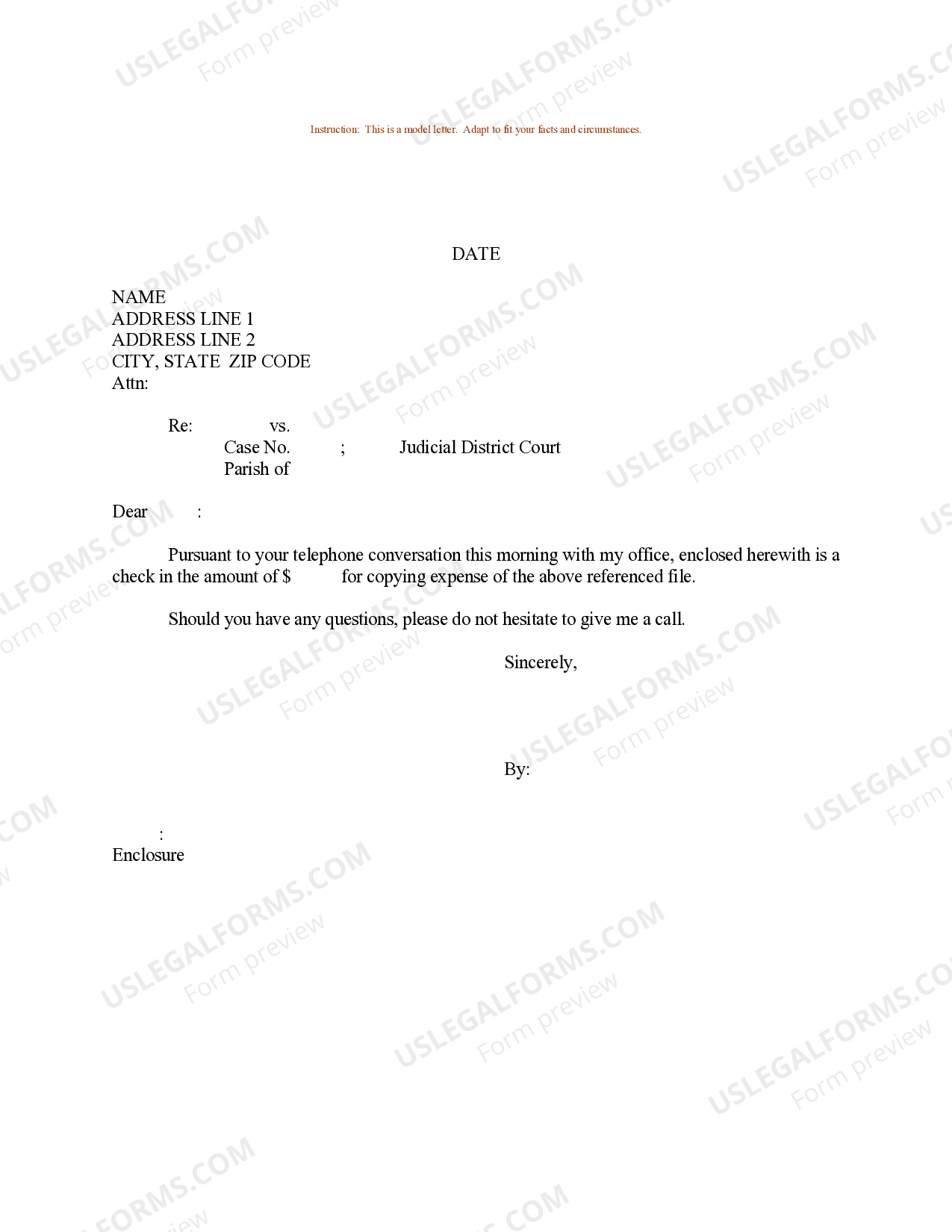 Sample Letter sending Check for Copying Expense | US Legal Forms