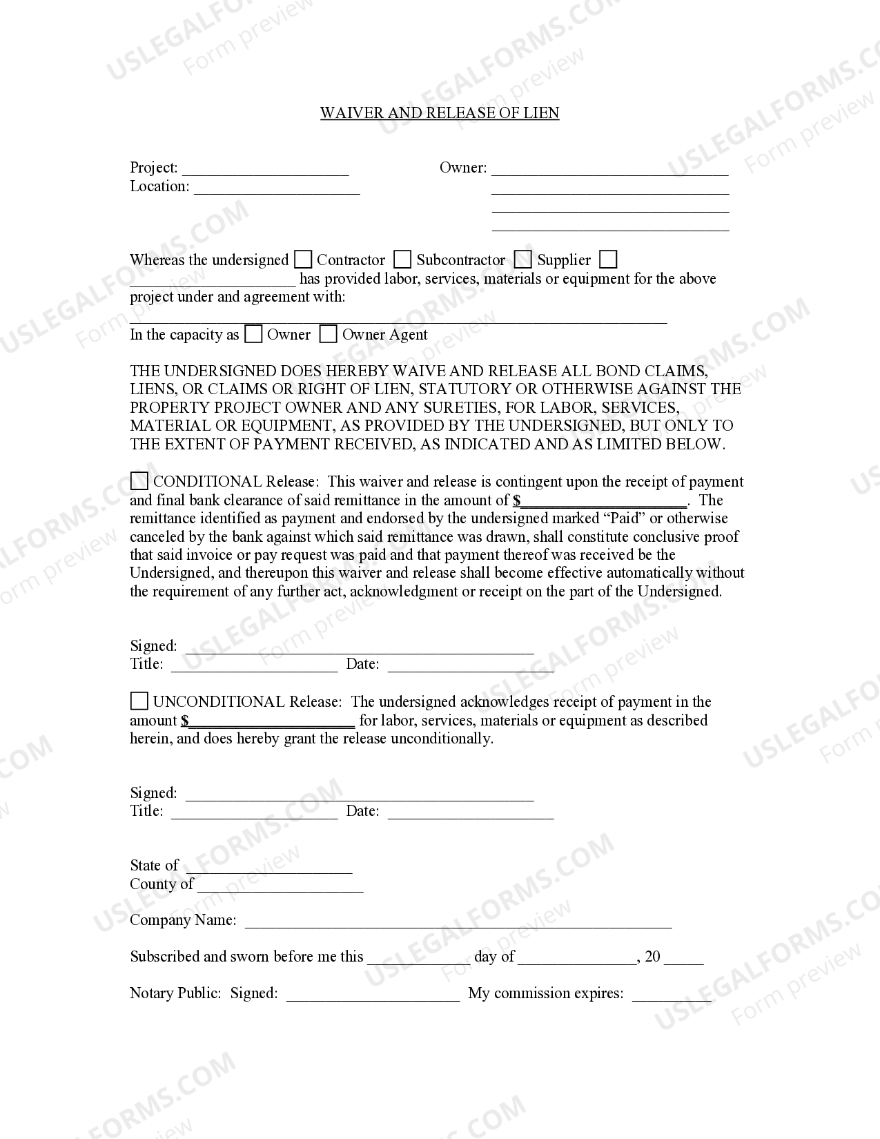 Waiver and Release of Lien with or without conditions | US Legal Forms