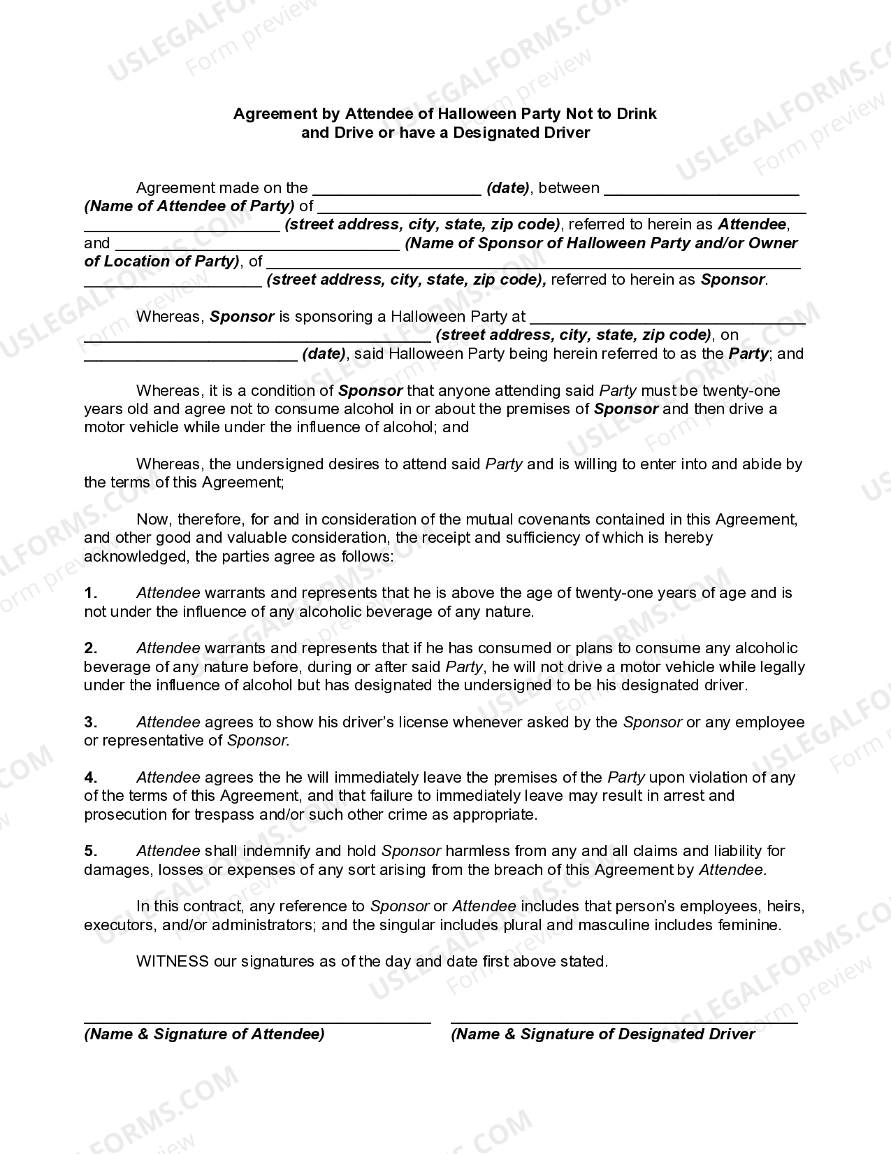 Pennsylvania Agreement by Attendee of Halloween Party Not to Drink and ...