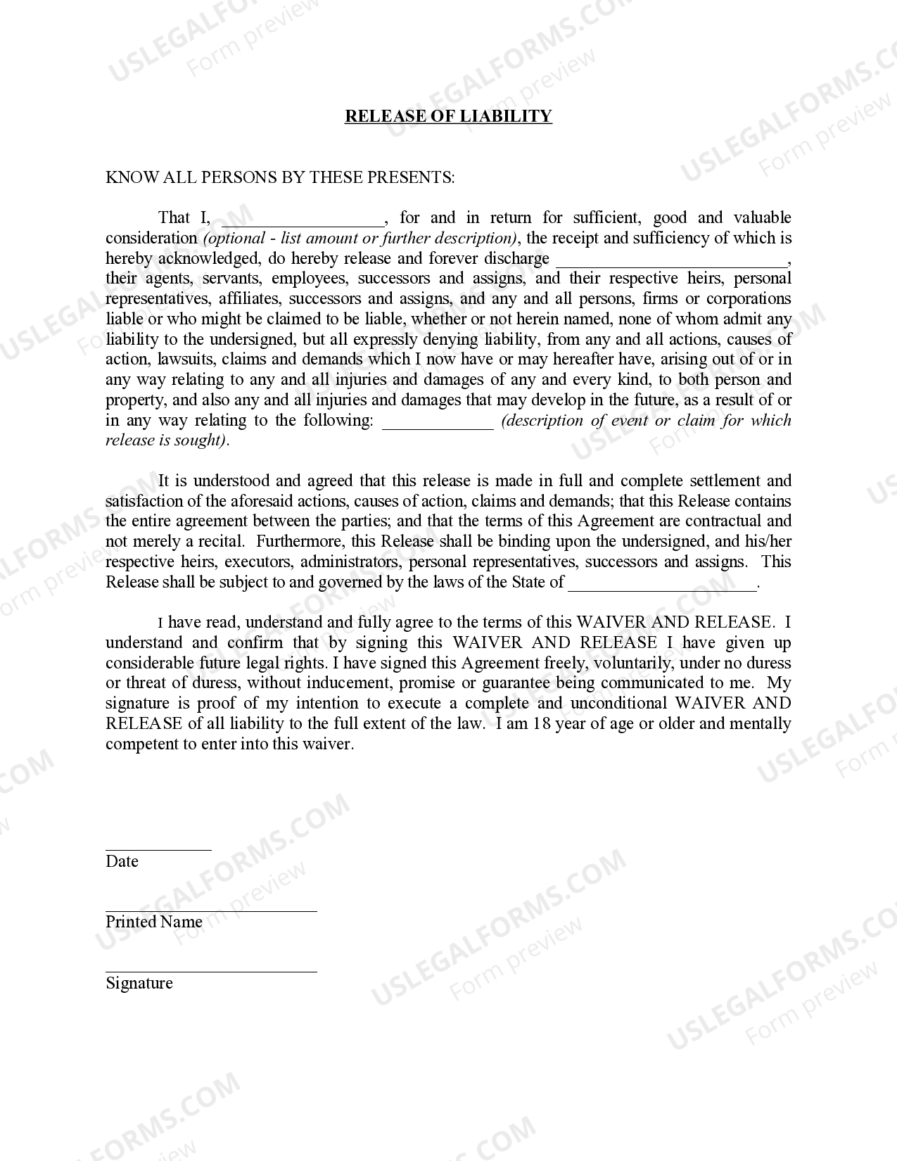 Release of Liability Form for Business | US Legal Forms