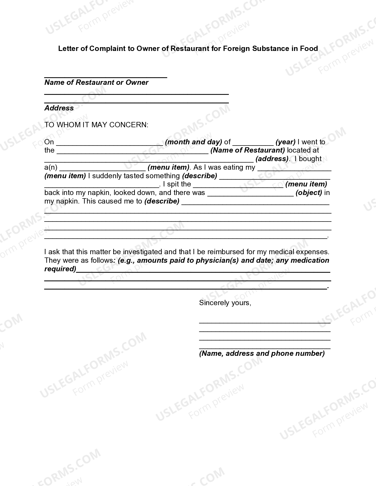 Foreign Object In Food Complaint Letter For Poor Service | US Legal Forms