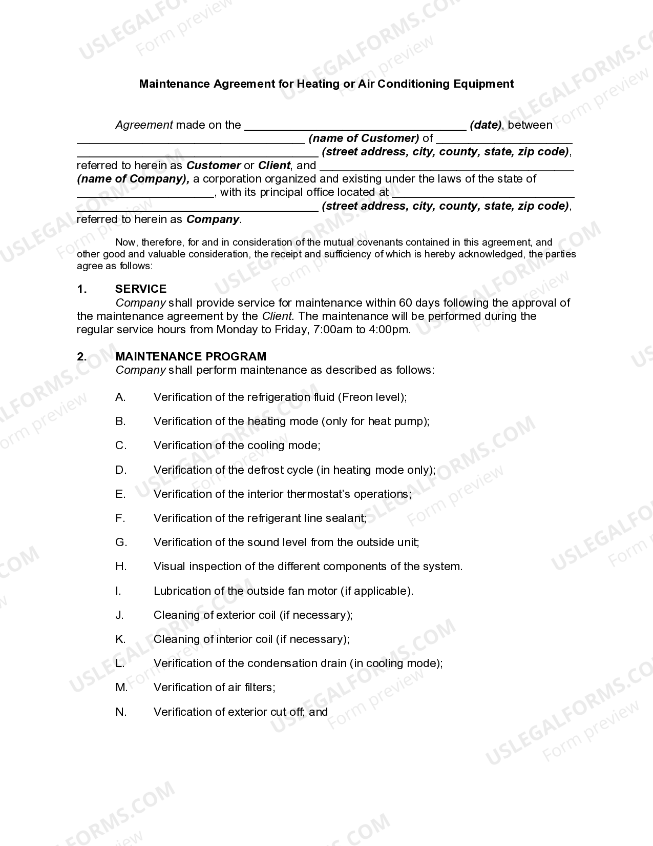 Maintenance Agreement for Heating or Air Conditioning Equipment | US ...