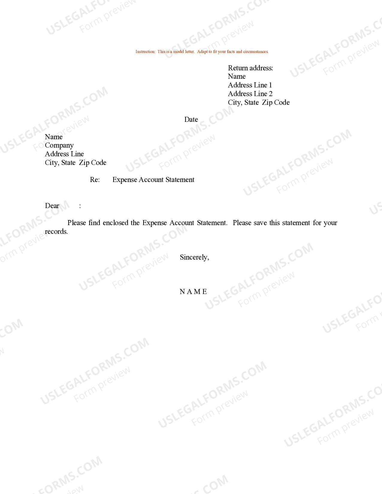 Delaware Sample Letter for Expense Account Statement - Business Bank ...