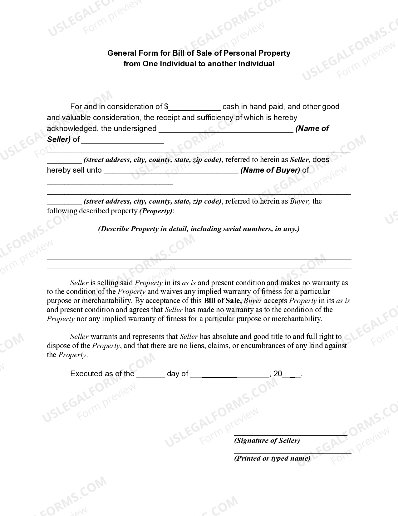 Arizona General Form for Bill of Sale of Personal Property from One ...