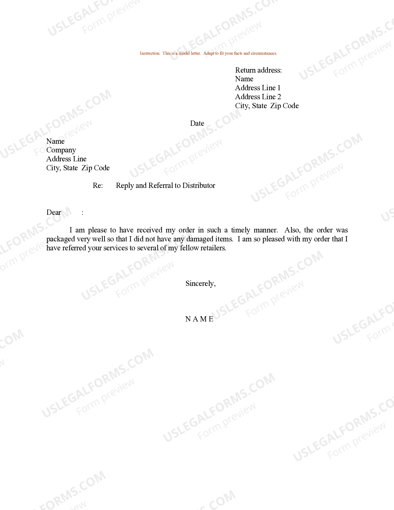 Nebraska Sample Letter for Reply and Referral to Distributor - Sample ...