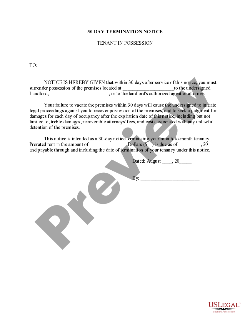 Texas 30 Day Termination Notice 30 Day Notice Letter To Landlord US Legal Forms
