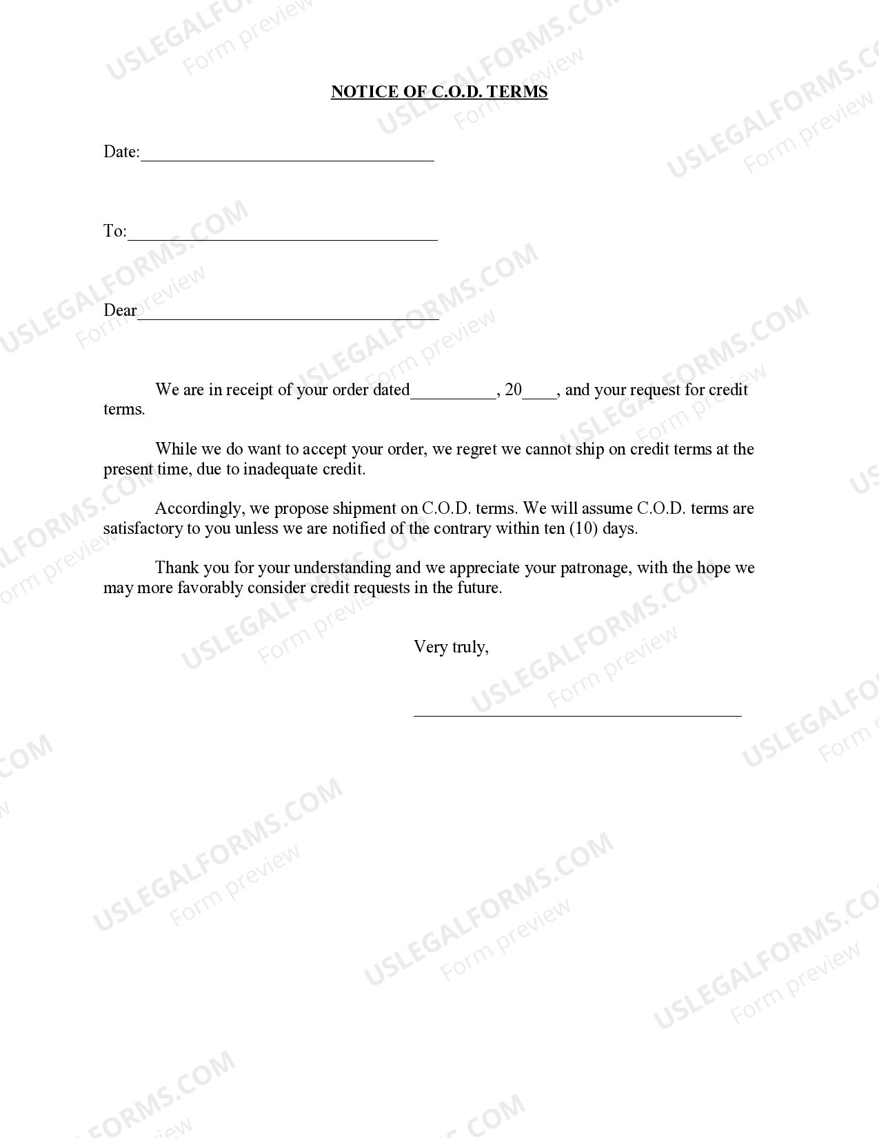 Notice of C.O.D. Terms - Cod Terms | US Legal Forms