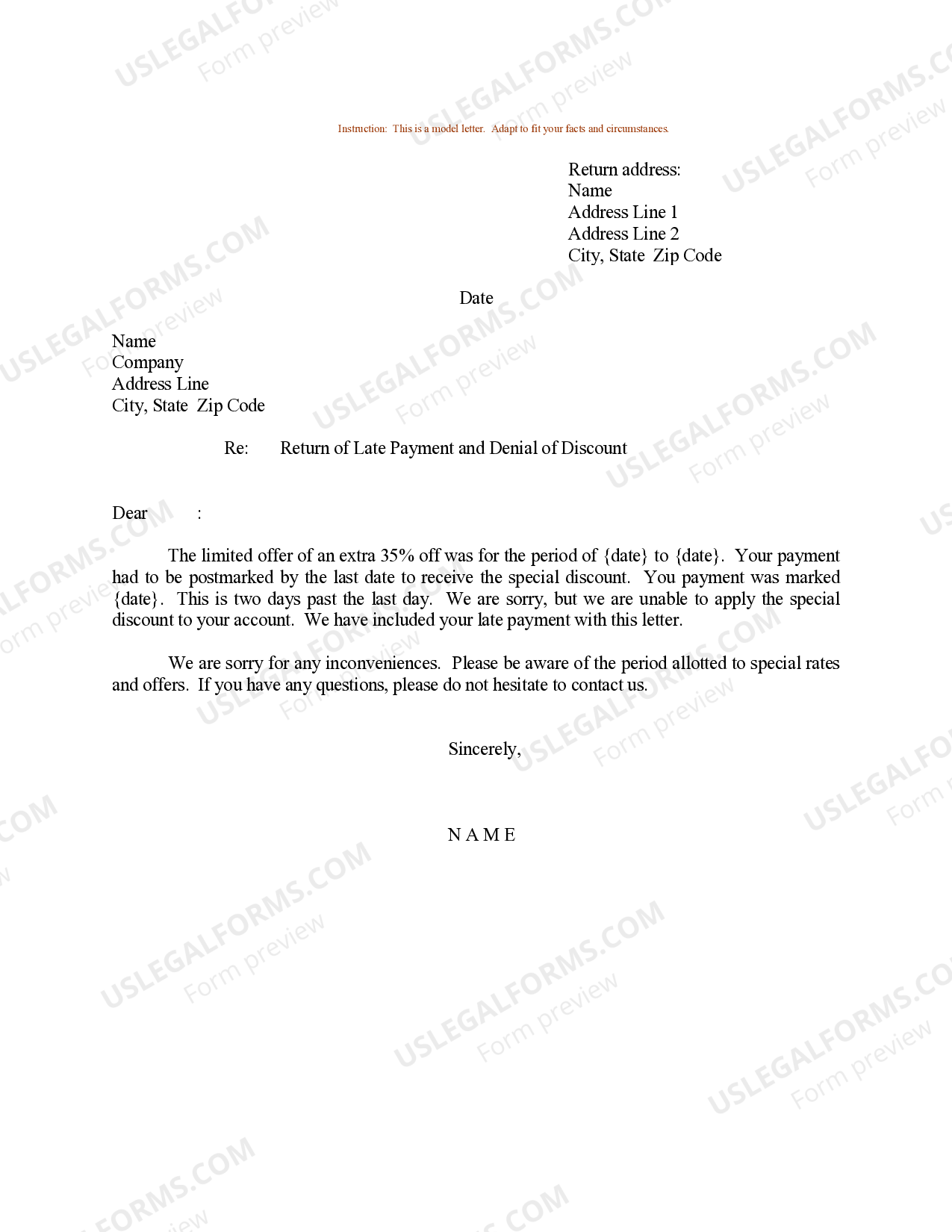 Texas Sample Letter for Return of Late Payment and Denial of Discount ...