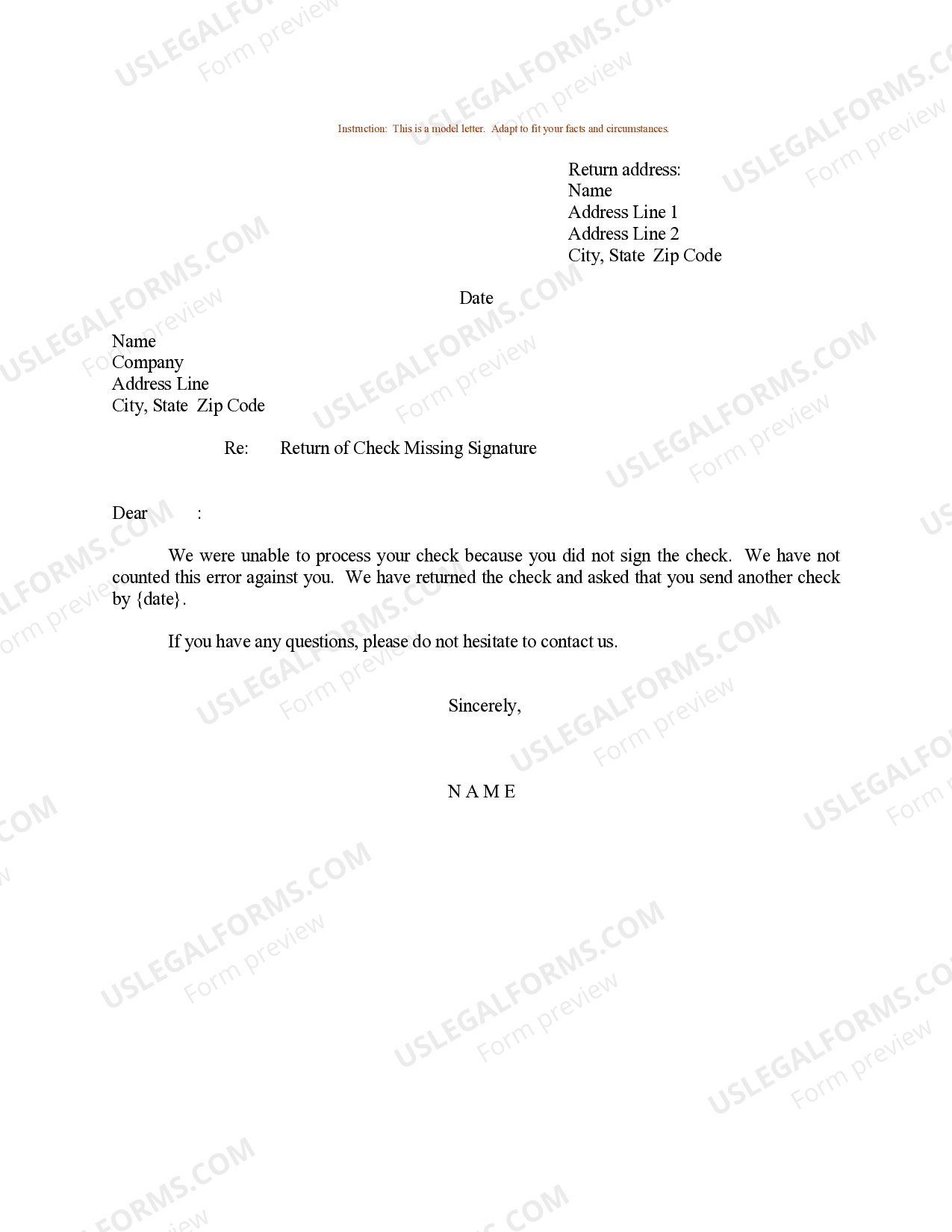 Minnesota Sample Letter For Return Of Check Missing Signature