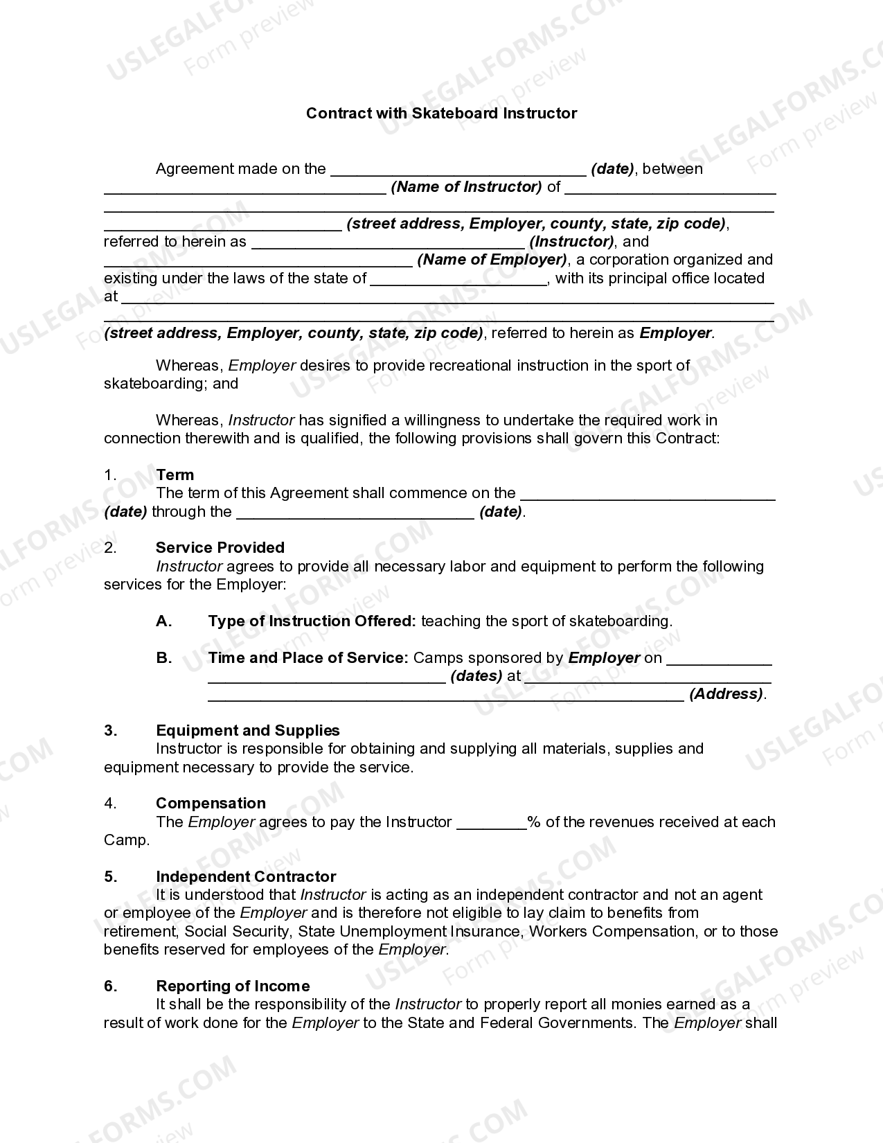 Arizona Contract with Skateboard Instructor as a Self - Contract Independent Contractor ...