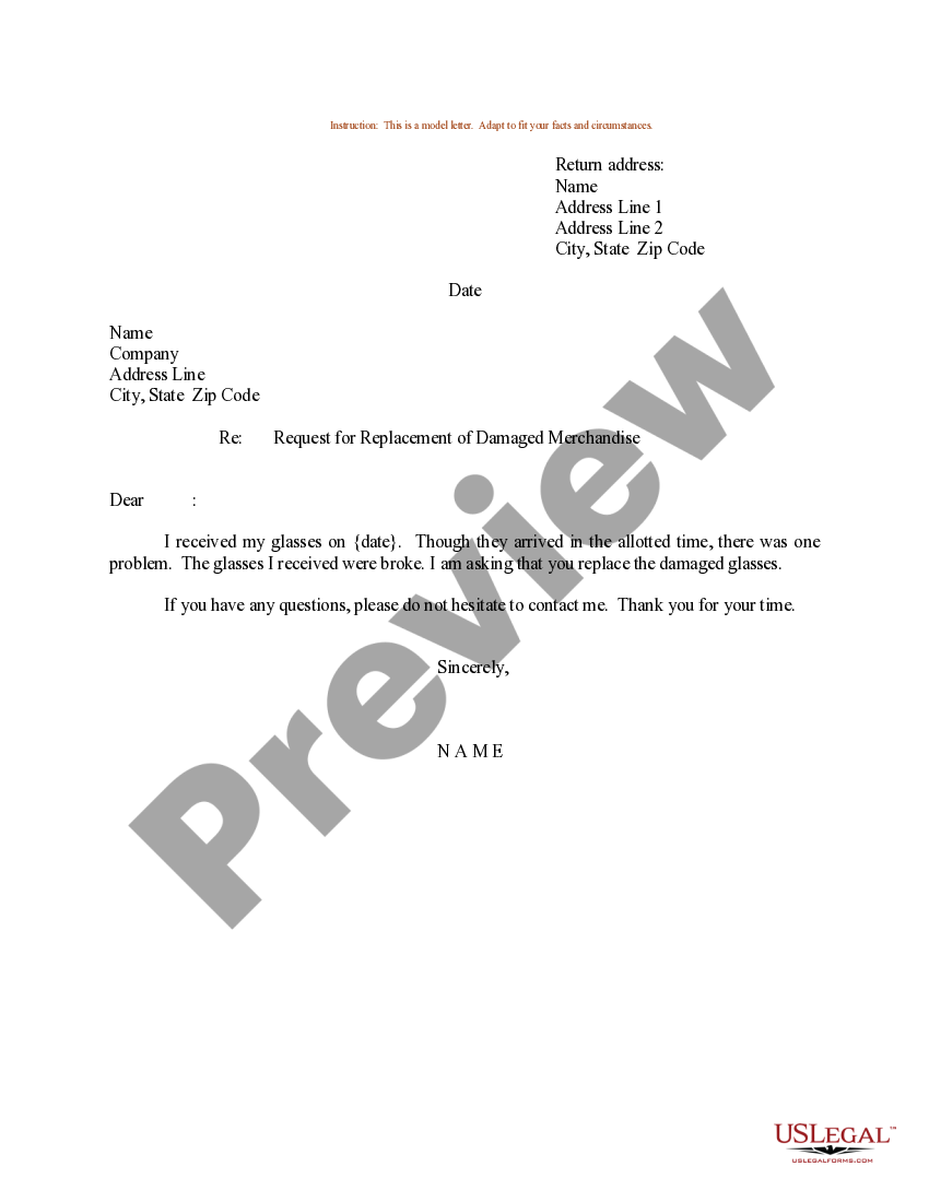 Oregon Sample Letter For Re For Replacement Of Damaged Merchandise 