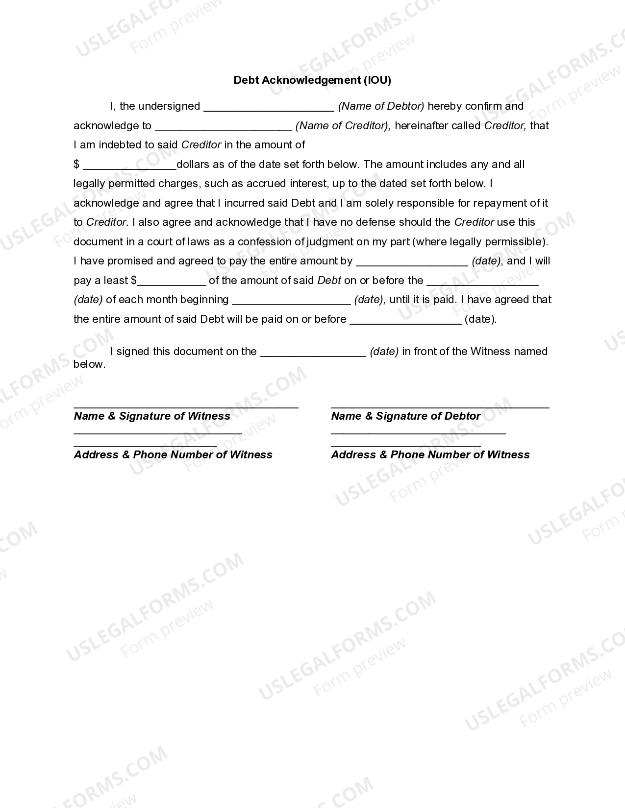 Debt Acknowledgment - IOU - Debt Acknowledgement Letter | US Legal Forms