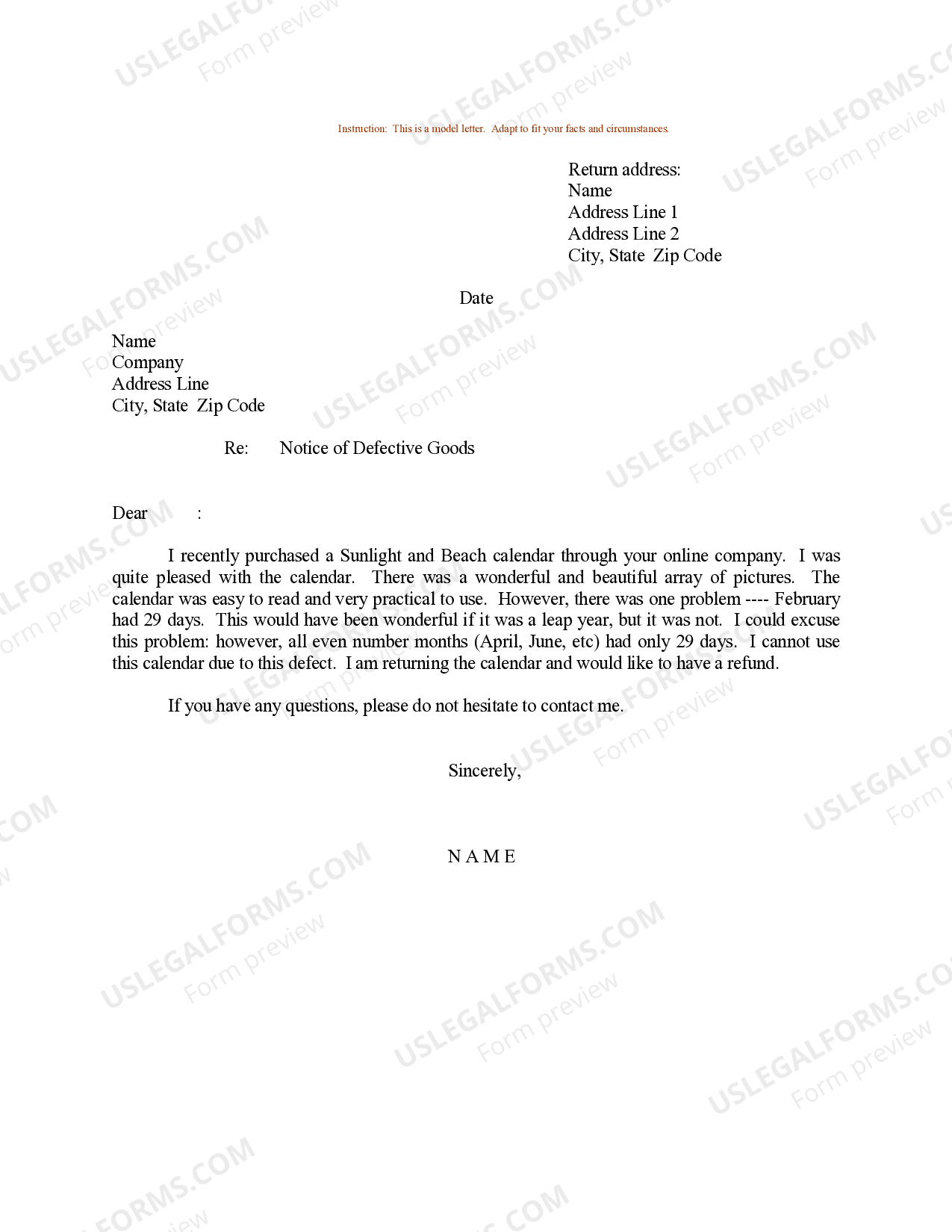 Nevada Sample Letter for Defective Goods - Defective Goods | US Legal Forms