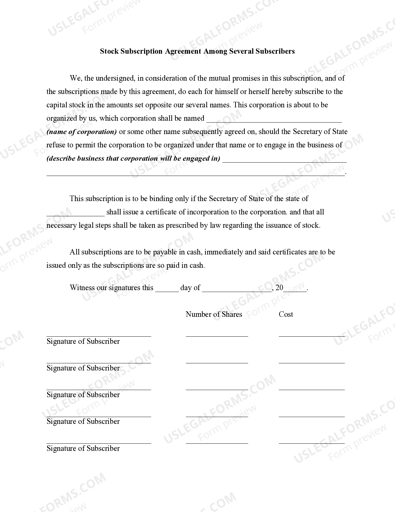 Utah Stock Subscription Agreement Among Several Subscribers ...