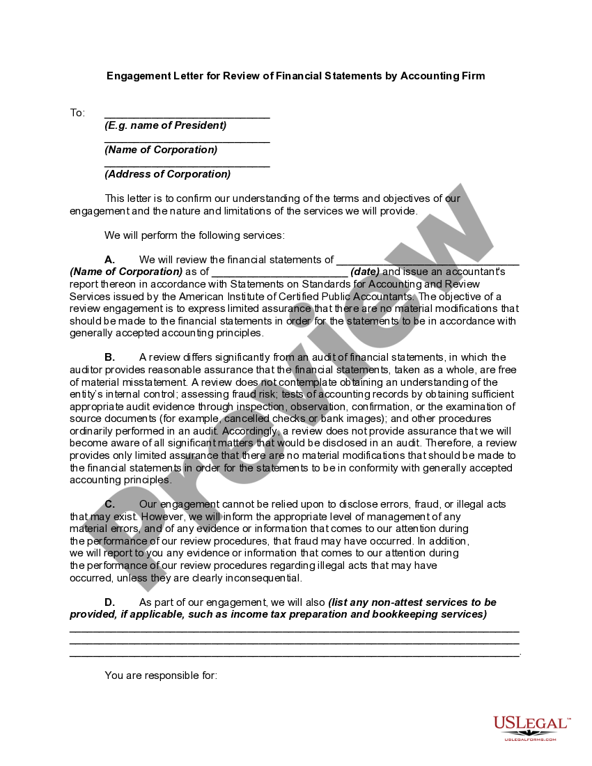 Alameda California Engagement Letter For Review Of Financial Statements