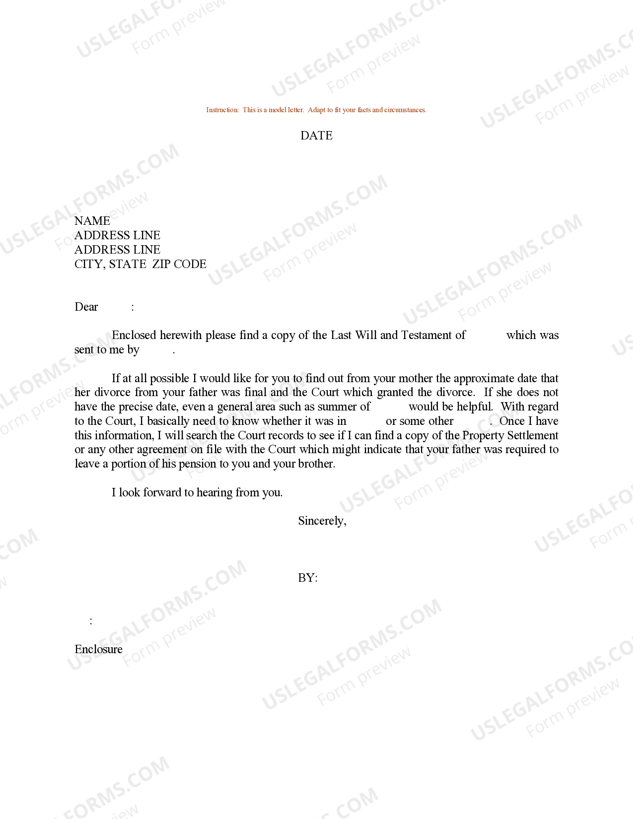 Sample Letter transmitting Last Will and Testament of Decedent - Last ...