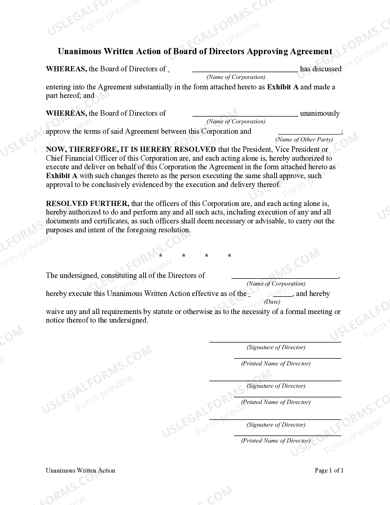 South Carolina Unanimous Written Action of Board of Directors Approving ...