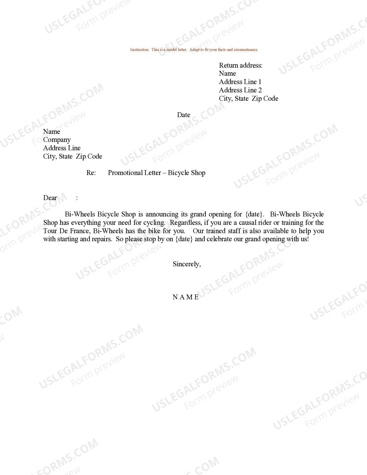 Missouri Sample Letter for Promotional Letter - Bicycle Shop | US Legal ...