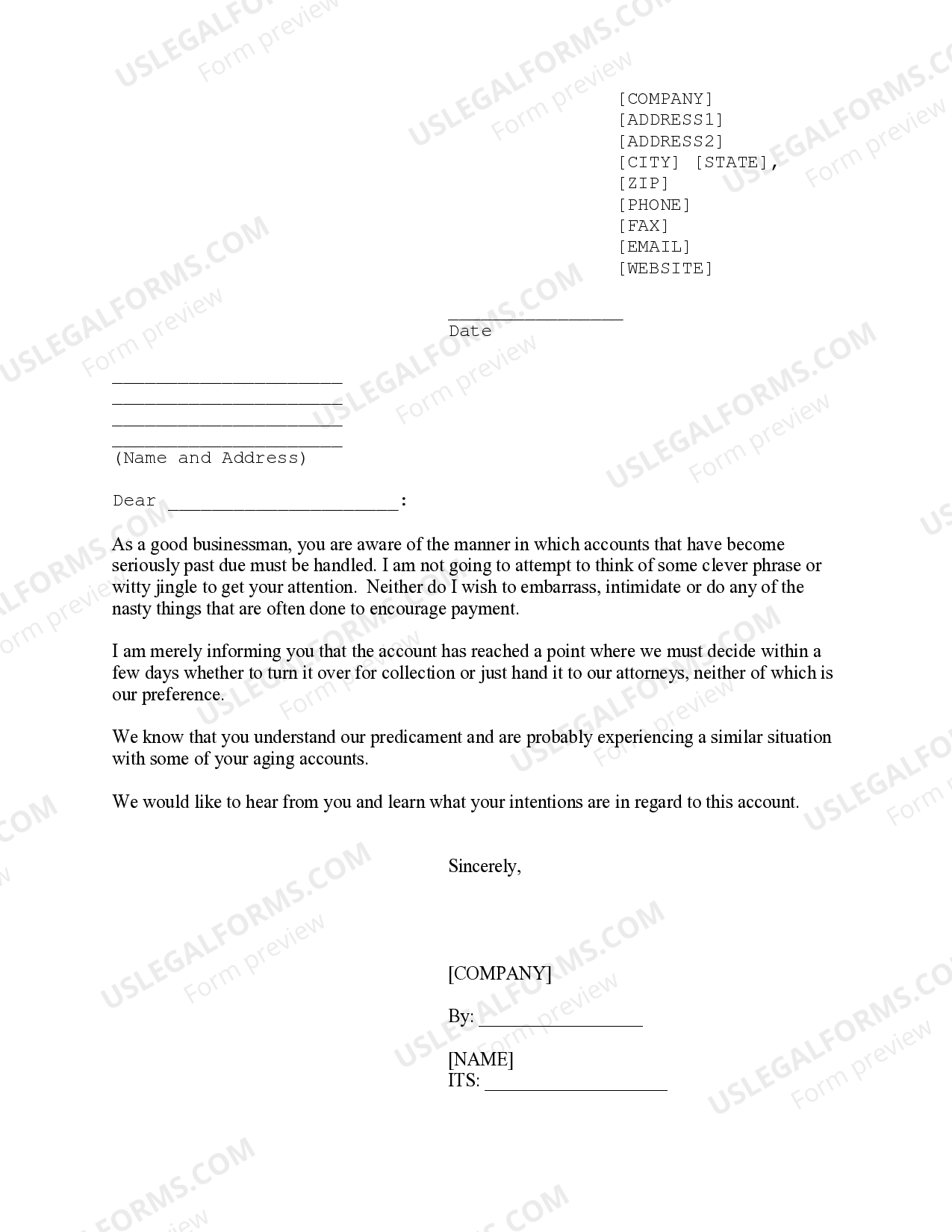 Letter to Small Businessman in Advance Collection | US Legal Forms