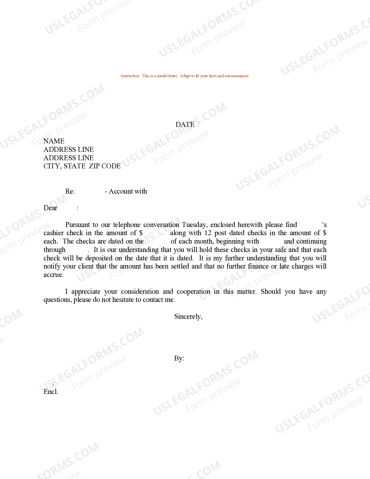 Sample Letter for Checks for Settlement | US Legal Forms