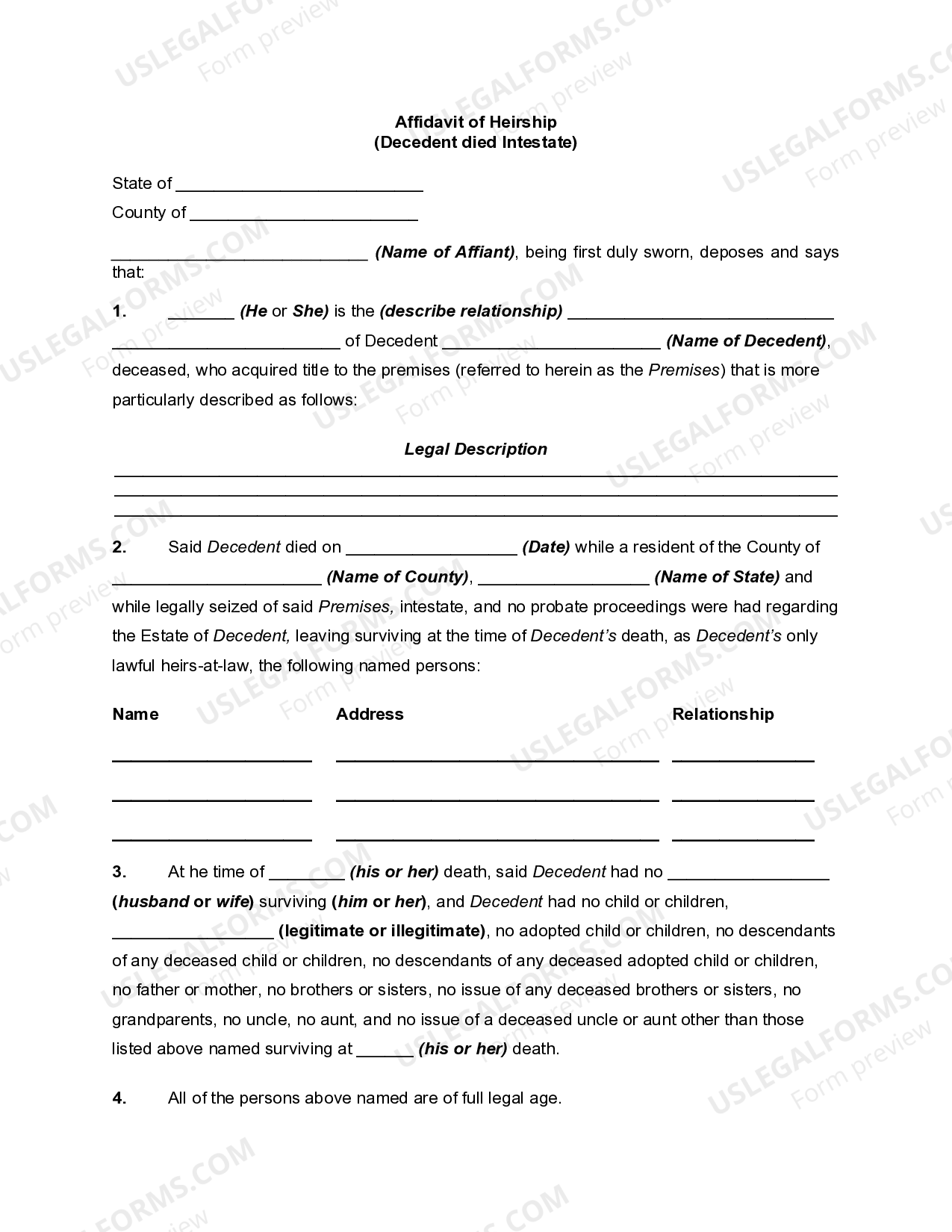 Affidavit of Heirship, Next of Kin or Descent - Decedent Died Intestate ...