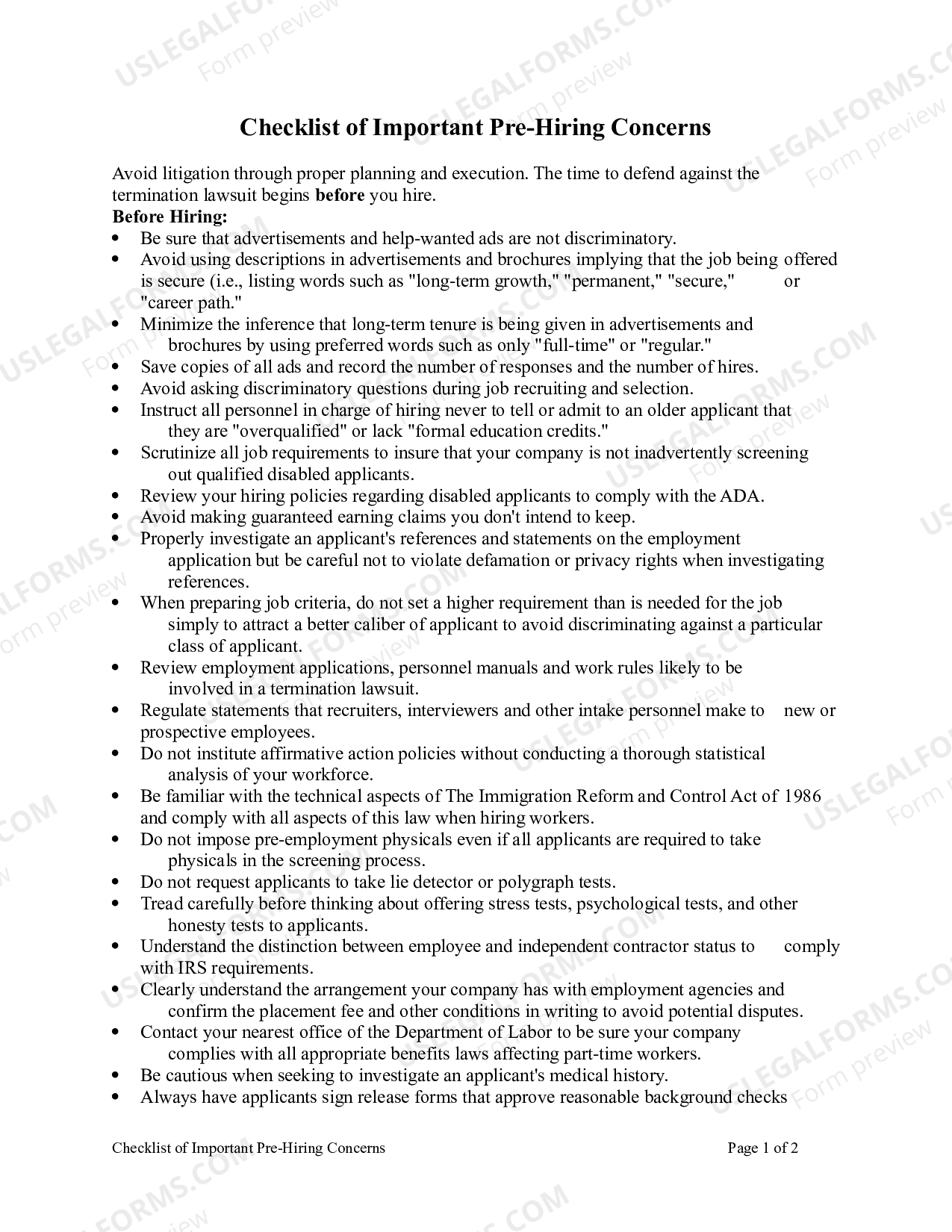 Connecticut Checklist of Important Pre-Hiring Concerns | US Legal Forms