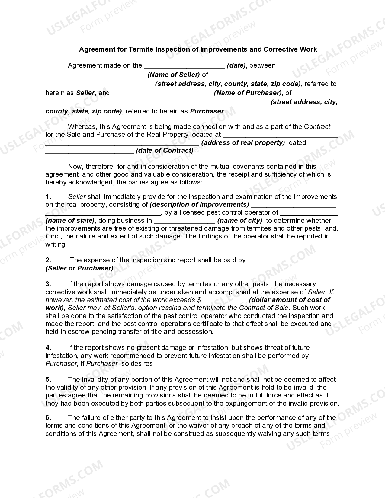 Maine Agreement for Termite Inspection of Improvements and Corrective ...