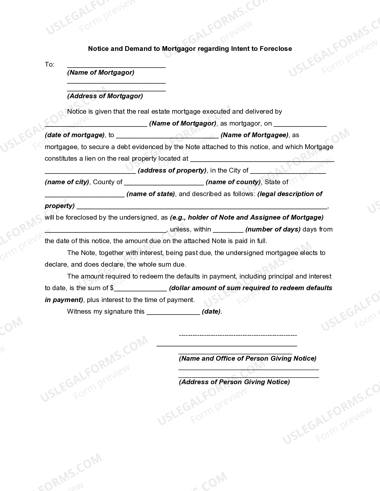 Michigan Notice and Demand to Mortgagor regarding Intent to Foreclose ...