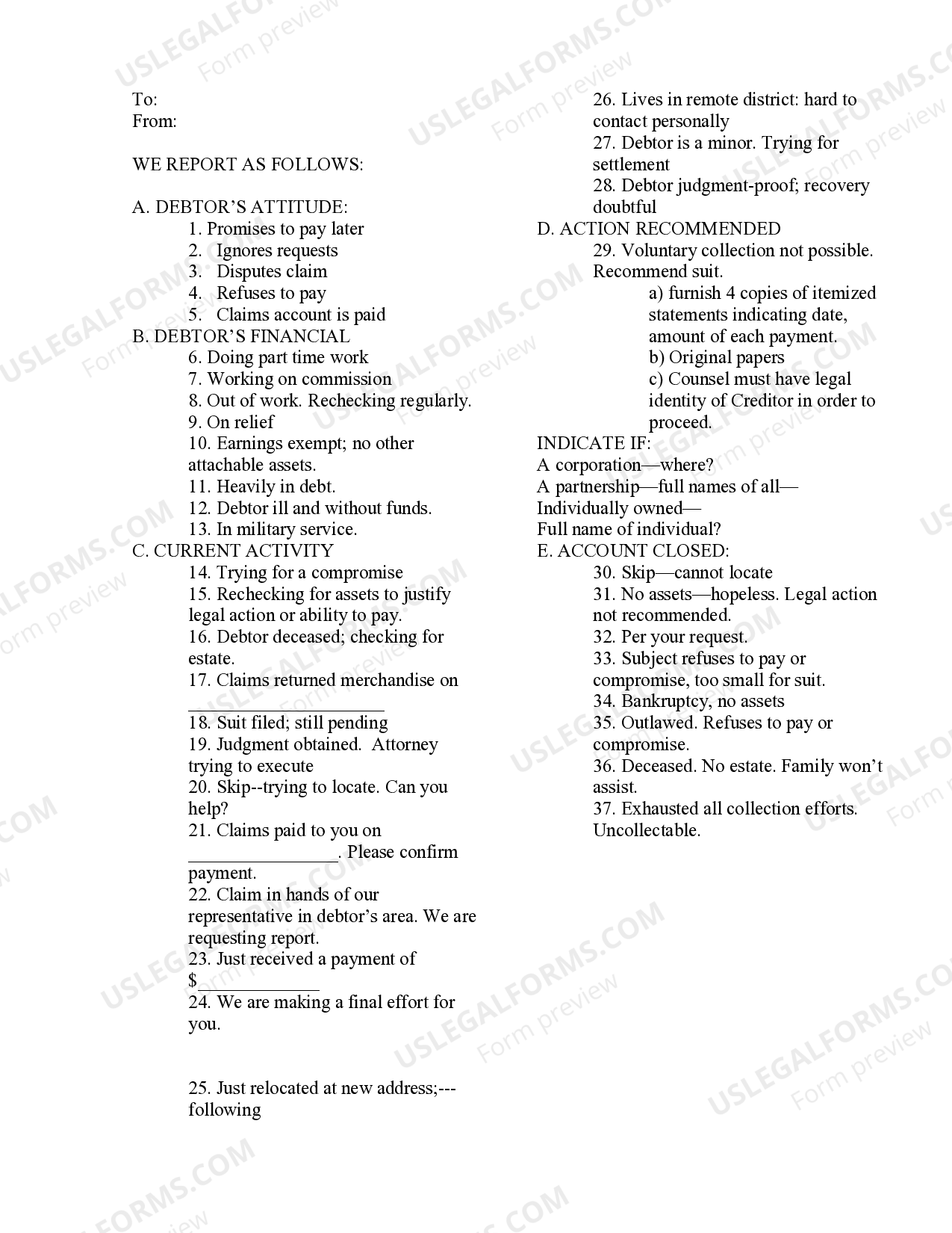 Collection Reports on Current Status of Debt | US Legal Forms