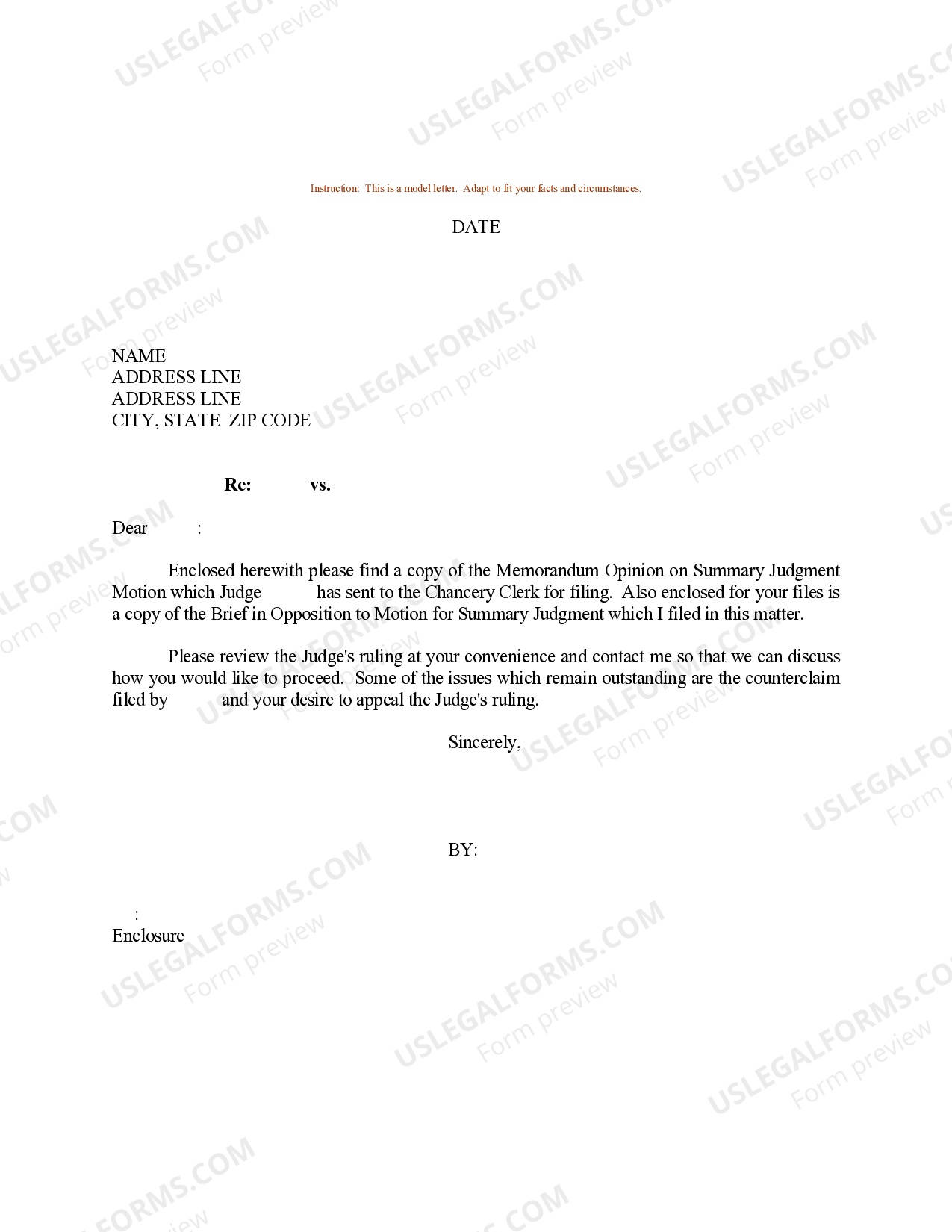 Sample Letter regarding Memorandum Opinion on Summary Judgment Motion ...