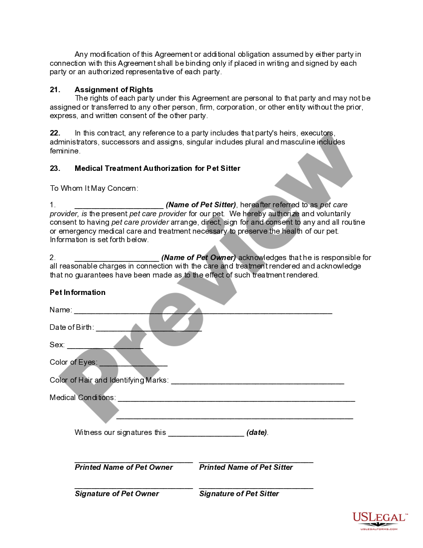 Arizona Pet Sitting Agreement With Pet Sitter Self Employed Pet 