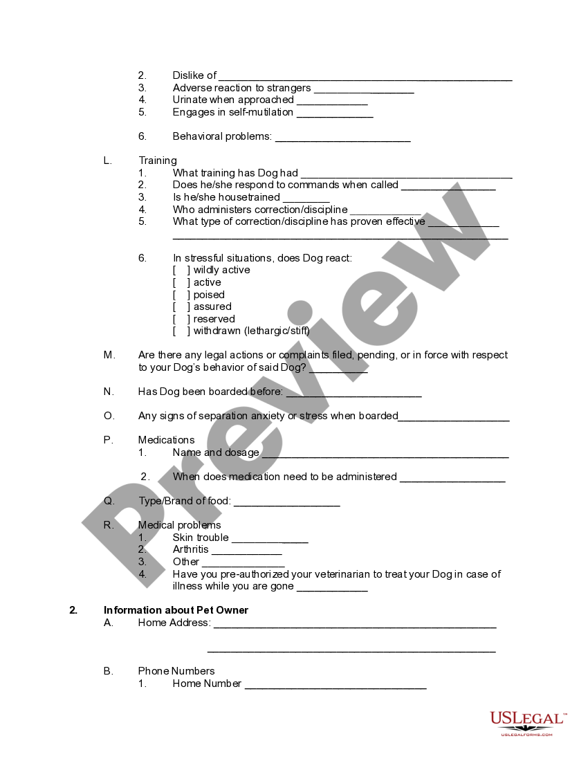 Boarding Contract Or Contract With Dog Kennel Dog Boarding Contract Template US Legal Forms