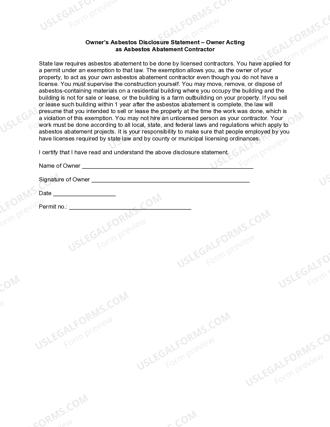 Arizona Owner's Asbestos Disclosure Statement - Asbestos Disclosure ...