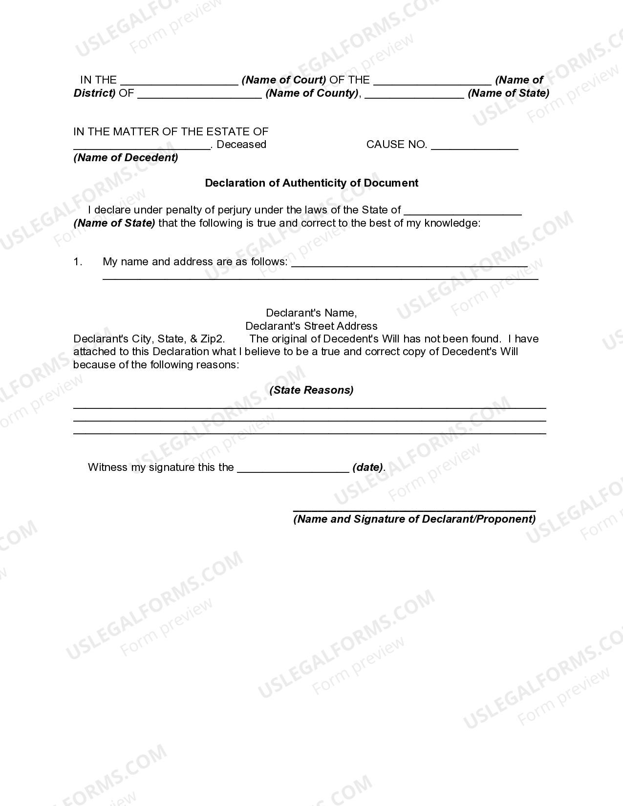 West Virginia Declaration of Authenticity of Copy of Lost Will When ...