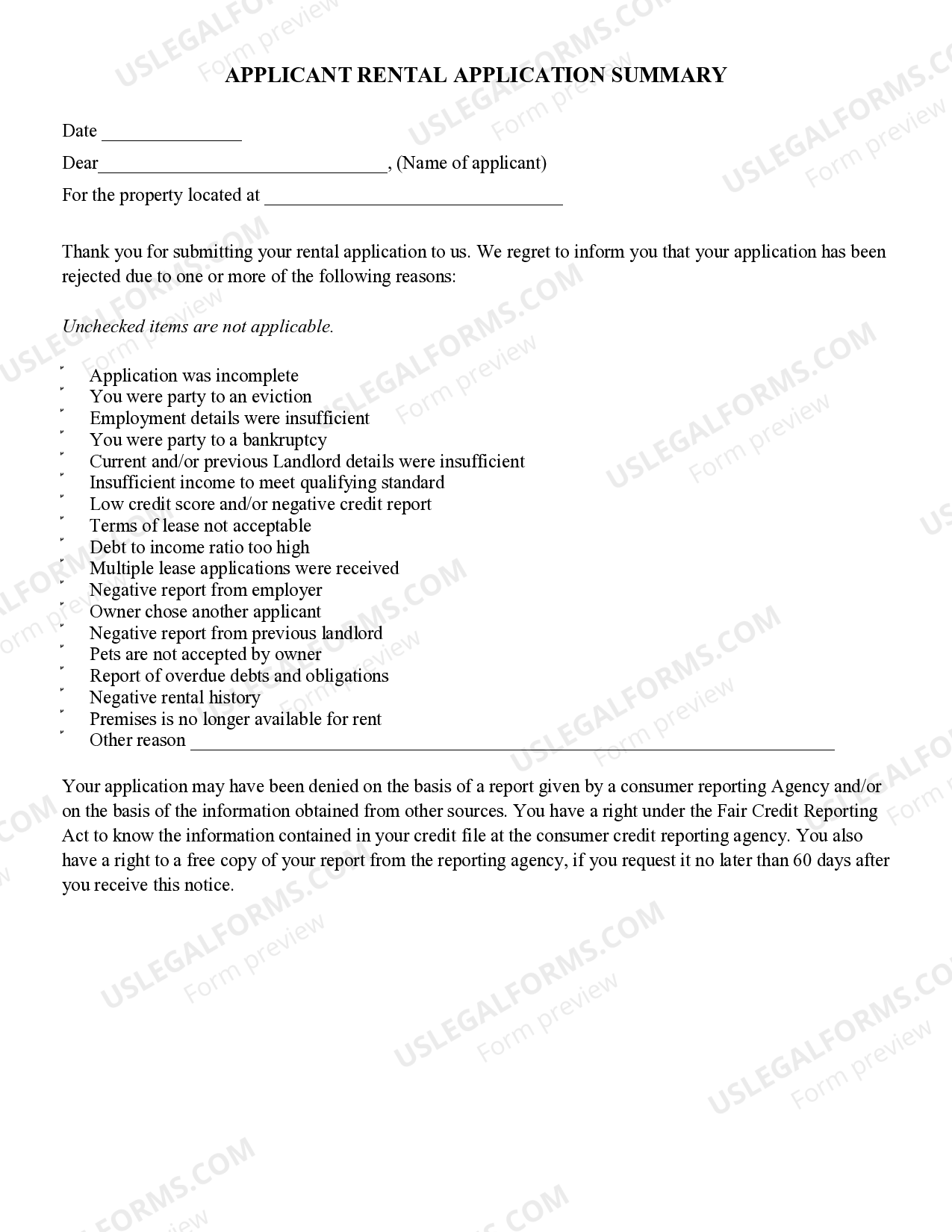 Denial of Rental Application | US Legal Forms